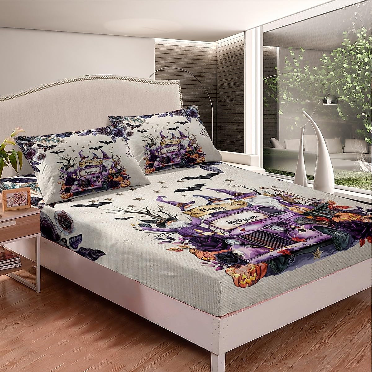 Manfei Happy Halloween Fitted Sheet Full Size, Cute Gnome Ghost Bed Cover with 2 Pillowcases, Gothic Moth Floral Bedding Set 3pcs for Kids Boy Girl Room Decor, Soft Polyester Bedding