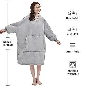 Beauty Shine Oversized Wearable Blanket Hoodie,Sherpa Hooded Blanket Adult as Birthday Gifts for Men Mom Women Girlfriend,Cozy Sweatshirt with Giant Pocket(Grey,Zipper)