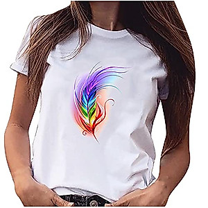 wodceeke Women's Summer Tops Short Sleeve Round Neck Feather Print Basic Tee Casual Loose Solid Color Top (White,M)