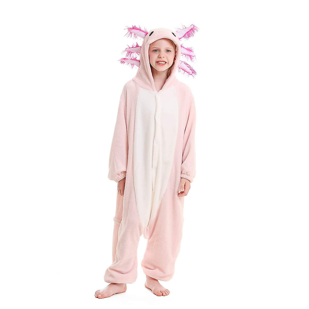 ATOZ Onesie for Kids, Animal Pajamas Halloween Cosplay Costume for Girls Boys, Pink Axolotl 8-9Y