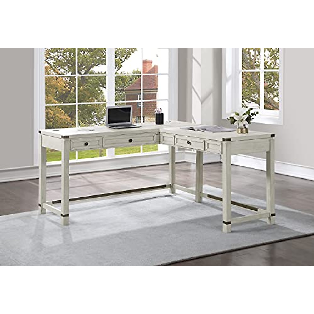 OSP Home Furnishings Baton Rouge Rustic L-Shape Office Desk with Power Port Drawer, Champagne Oak Finish