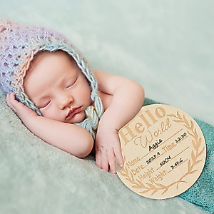 Aitikili Baby Announcement Sign - Hello World Newborn Sign,Wooden Baby Birth Announcement Sign for Nursery,Baby Name Sign for Hospital,Welcome Baby Newborn Arrival Sign Announcement Board for Photo