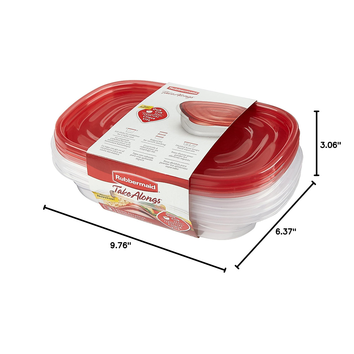 Rubbermaid TakeAlongs Divided Rectangular Food Storage Containers, 3.7 Cup, Tint Chili, 3 Count