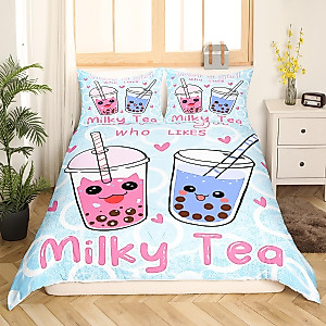 Boba Duvet Cover Girl Loves Boba Comforter Cover Kawaii Bubble Tea Stuffed Bedding Set for Kids Adults Cartoon Boba Bedspread Cover Full Size Bedclothes Zipper (No Comforter)