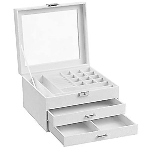 SONGMICS Jewelry Box, Lockable Jewelry Storage Organizer, Jewelry Case with Glass Window, for Rings, Earrings, Studs, Bracelets, Necklaces, White UJBC158W01
