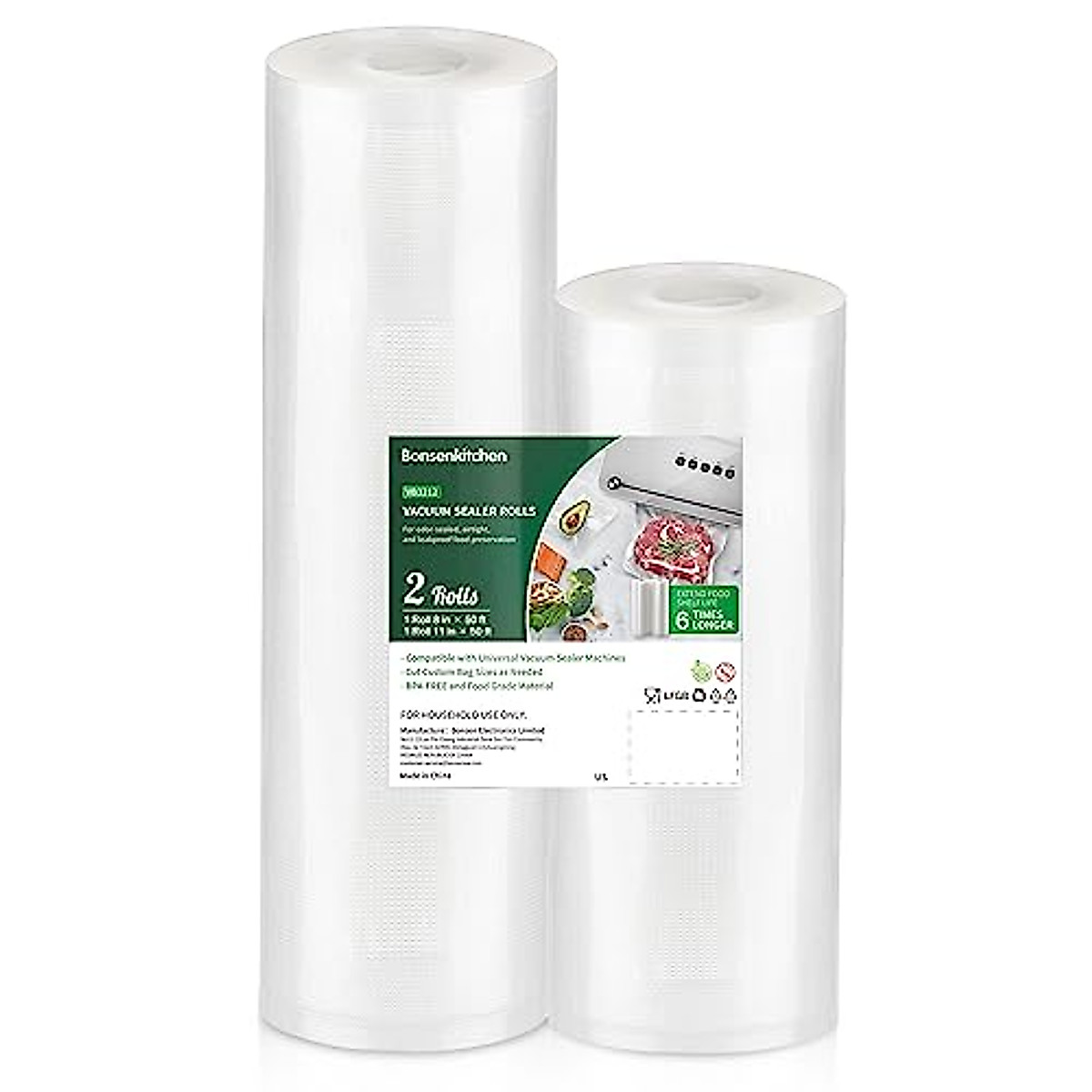Bonsenkitchen Vacuum Food Sealer Rolls Bags, 2 Packs 8 in x 20 ft Storage Bags, BPA Free, Durable Commercial Customized Size Food Bags for Food Storage and Sous Vide Cooking