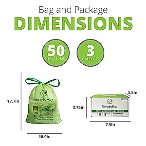 Simply Bio 3 Gallon Compostable Trash Bag with Drawstring, Heavy Duty Extra Thick 1 Mil, 50 Count, 11.36 Liter, Small Kitchen Food Scrap Trash Bags, ASTM D6400, US BPI and Europe OK Compost Certified