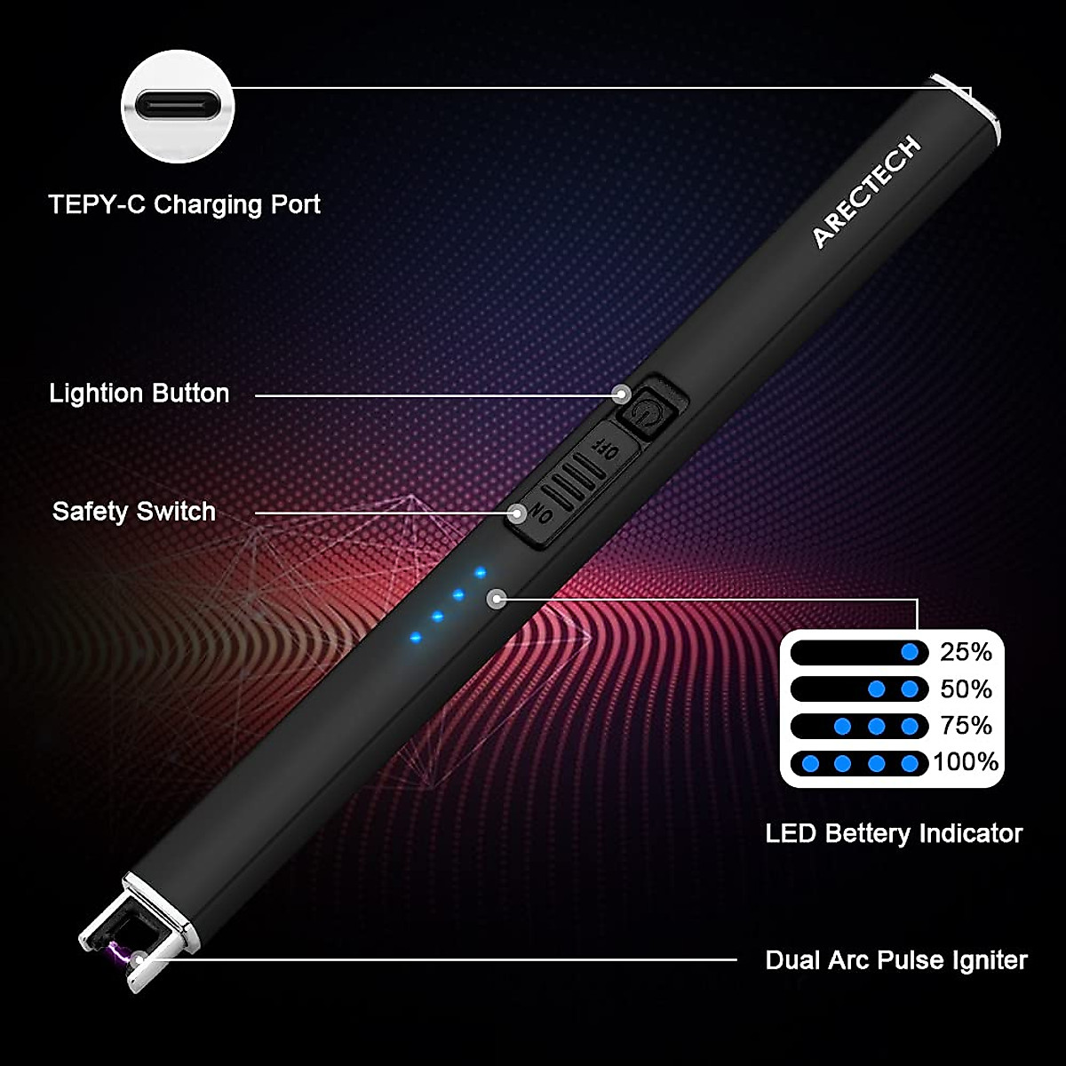 ARECTECH Electric Candle Lighter with Type-C Cable Birthday Gift for Man Women Wife Rechargeable Plasma Arc Lighters for Candle Camping Kitchen Stove Black