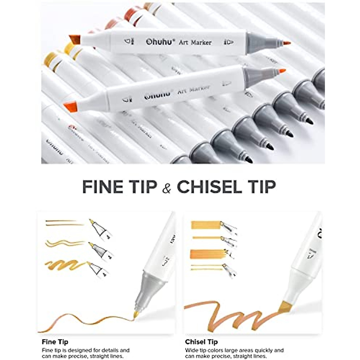 Ohuhu Pastel Markers Alcohol Based - Double Tipped Art Marker Set for Artists Adults' Coloring Sketching Illustration - 48 Colors + 1 Alcohol Markers Blender - Chisel & Fine - Oahu of Ohuhu Markers