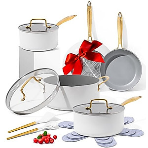 White and Gold Pots and Pans 15 PC Set - Premium Heavy Gauge Nonstick, Non Toxic, PFOA Free, Oven and Dishwasher Safe, Induction Compatible Cookware Set - Gold Kitchen Accessories