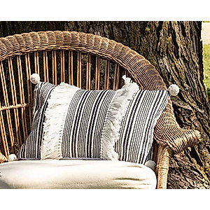 Foreside Home & Garden FIPL09258 Blue Decorative Throw Striped Woven 14x22 Outdoor Pillow w/Hand Tied Tassel Poms