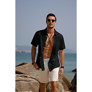 GRACE KARIN Men's Hawaiian Cotton Linen Shirts Casual Button Down Tropical Holiday Beach Shirts Black L