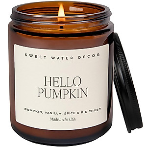 Sweet Water Decor Hello Pumpkin Candle - Fall Soy Candles with Pumpkin, Warm Spices, Vanilla and Buttery Pie Crust - Pumpkin Candles for Home with 40 Hours Burn Time - 9Oz Black Lid Amber Jar Candle