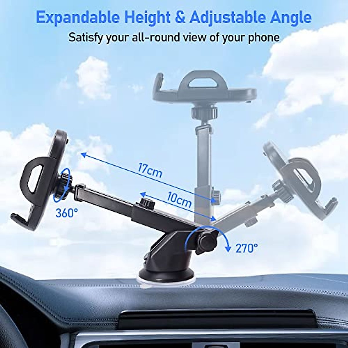 Huryfox Car Phone Holder Mobile Mount - Handsfree Driving Cellphone Stand, Smartphone Support on Dashboard, Windshield, Vent and More, Automobile Cradle Compatible with iPhone, Android Phone