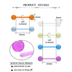 Oufksiyy 14G 16mm Glow in Dark Flexible Acrylic Straight Tongue Rings Plastic Nipple Ring Retainer Body Piercing Jewelry for Women Men 24PCS(12Pairs 14 gauge Piercings