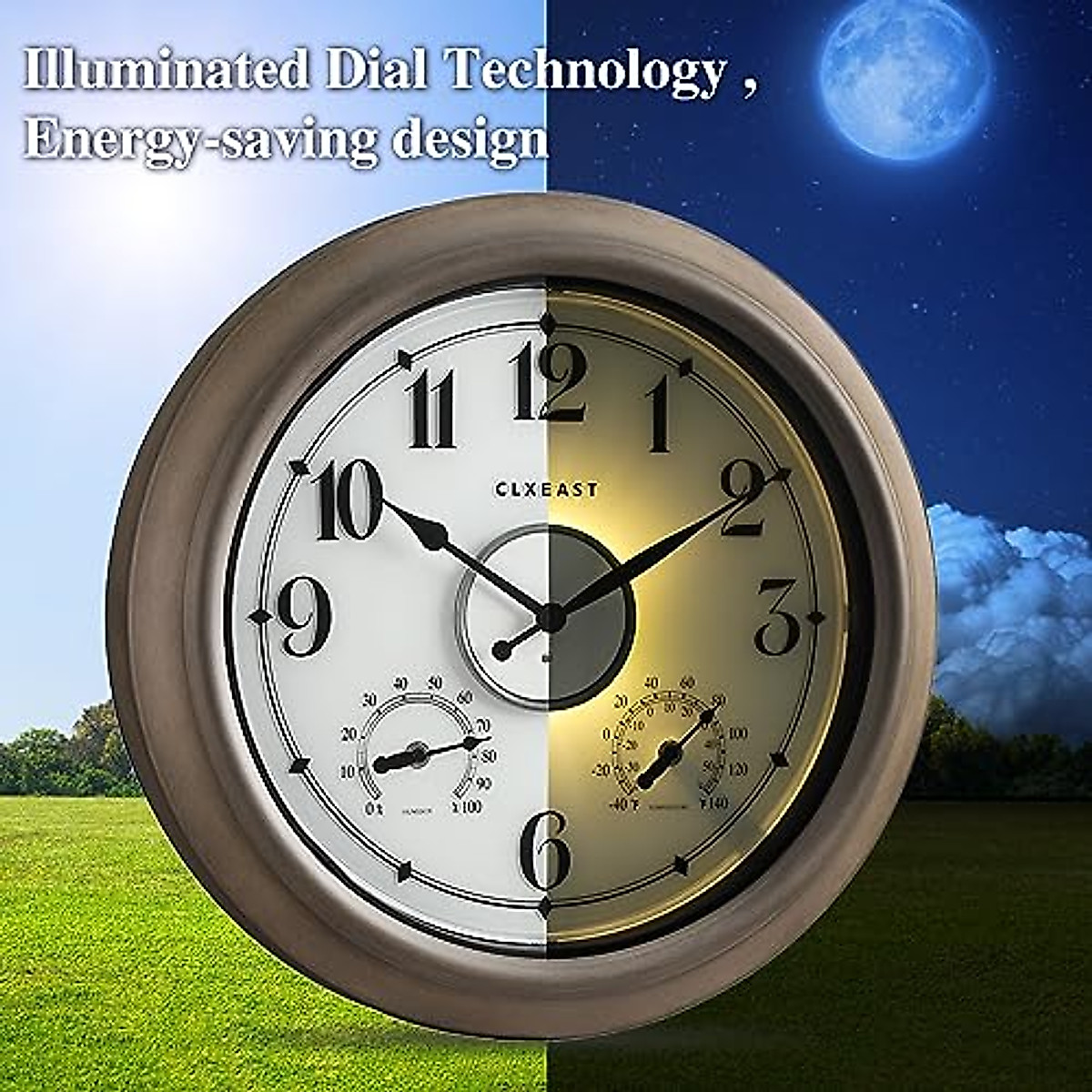 CLXEAST Illuminated Outdoor Clocks Waterproof 18 Inch with Smart Sensor,Large Outdoor Pool Clock with Temperature & Hygrometer,Wall Clock for Living Room Decor,Grey Oak/Faux Barnwood