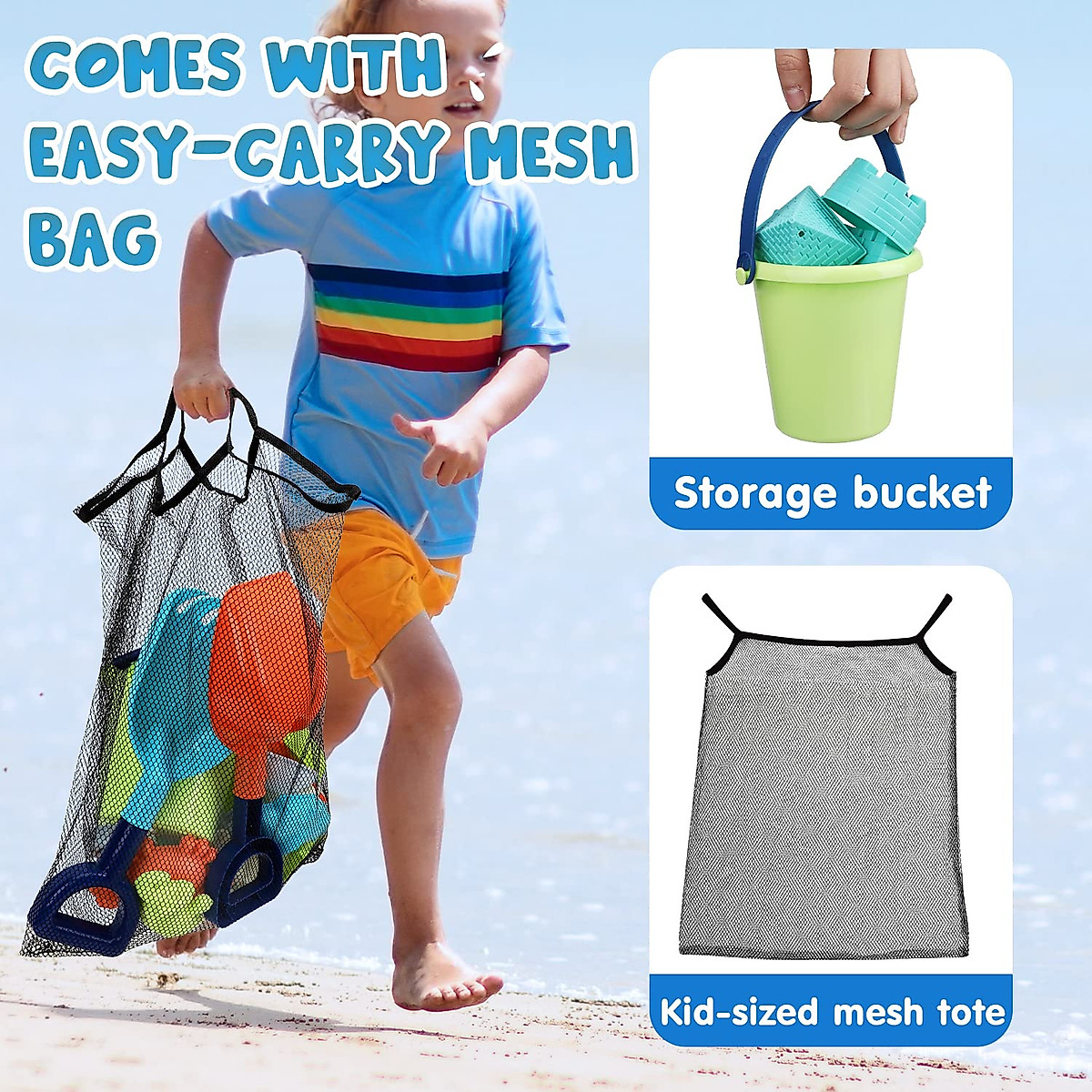 TOY Life 30 Pcs Beach Sand Box Toys for Kids Toddlers 3 6 8 12, Sand Castle Kit Toys for Beach, Sandbox Toys, Sand Castle Molds, Travel Beach Toy Set, Sand Bucket and 2 Shovel for Kids with Mesh Bag