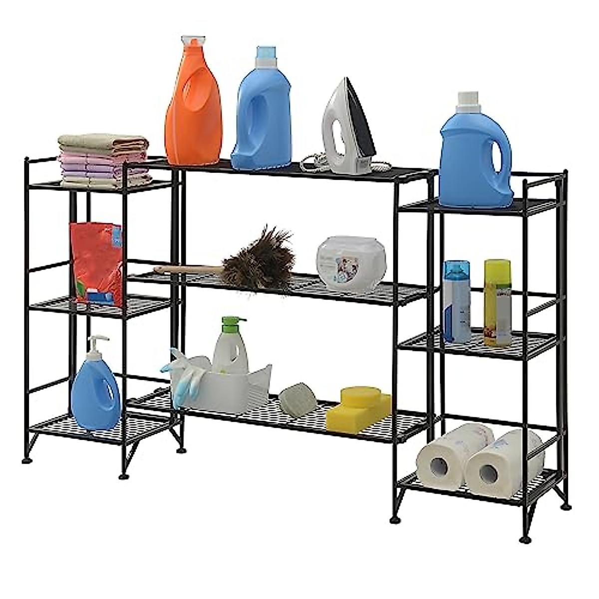 Convenience Concepts Xtra Storage 3 Tier Folding Metal Shelves with Set of 3 Deluxe Extension Shelves - Organizer for Living Room, Office, Bedroom, Garage, Kitchen, Bathroom, Black