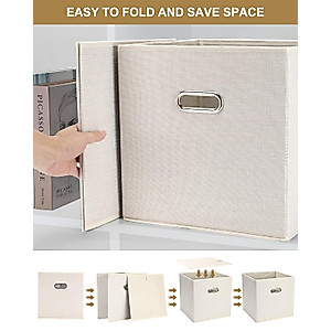 NEATJELAI Storage Cubes 13 Inches Cube Storage Organizer Bins Linen Fabric Storage Container with Metal Hallow Handles,Foldable Design for Shelves Closet Organizers and Storage, 4 Pack, Beige