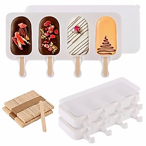 3 Set Popsicles Molds with Lids and 100 Pcs Wooden Popsicles Sticks, Standard Size 4 Cavities Silicone Ice Pop Molds for Making Cakesicles, Cake Pops, Ice Cream - BPA Free