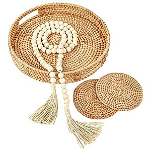 Decorative Round Basket Tray Rattan Woven Serving Tray Natural Hand-Woven Centerpiece Basket with Handles and Wood Bead Garland for Christmas Home Decor Coffee Table Fruit Bread Serving 11.8 inch