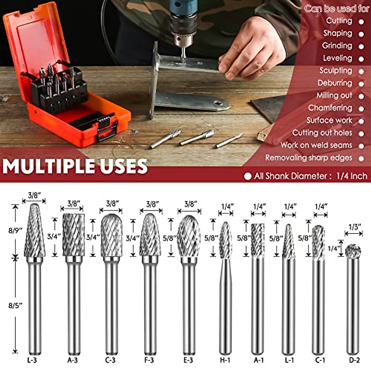 WHISTECK Carbide Burrs Set, 10 Pcs Double Cut Solid Tungsten Carbide Rotary Burr Set, 1/4 Inch Shank Die Grinder Bits, Rotary File for Die Grinder Metal Carving, Polishing, Engraving, Drilling