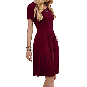 DouBCQ Women's Casual Short Sleeve Flowy Pleated Loose Dresses with Pockets (0-Wine Red, L)