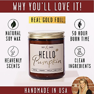 Pumpkin Candle, Fall Candles - 'Hello Pumpkin' Soy Pumpkin Spice Candle I Infused with Essential Oils I Fall Candle Decor, Fall Scented Candle I 9oz Reusable Jar I 50 Hour Burn I Made in USA