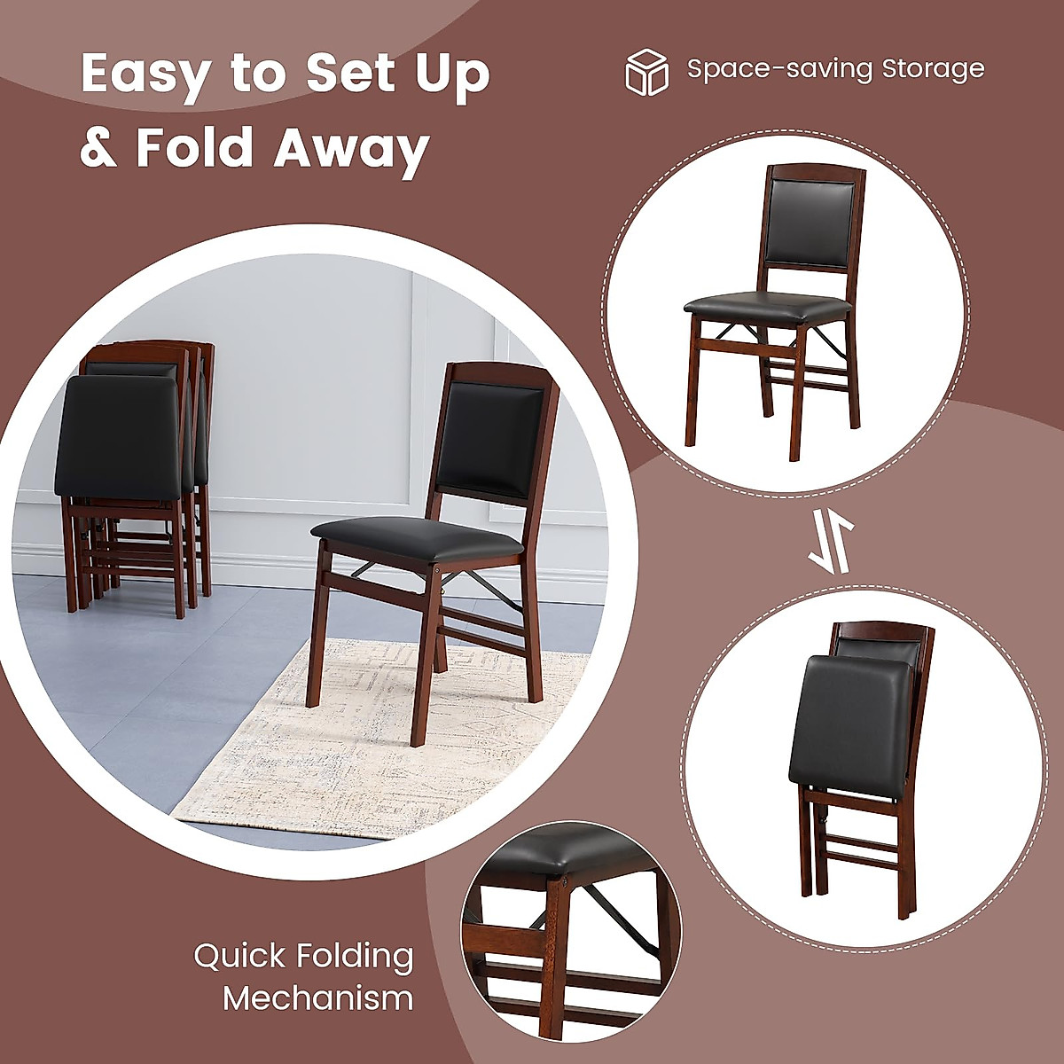 GOFLAME Folding Dining Chairs Set of 2, Foldable Chairs with PVC Padded Seat & High Backrest, Wooden Side Chairs, 2 Pack Dining Chairs for Living Room, Kitchen, Restaurant