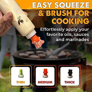 Sauce Basting Bottle Set for Grilling with 3 Silicone BBQ Basting Brush Caps & 2 Squeeze Caps - Squeeze Bottles for Sauces with Applicators, Storage Caps & Funnel - Condiment Sauce Dispenser