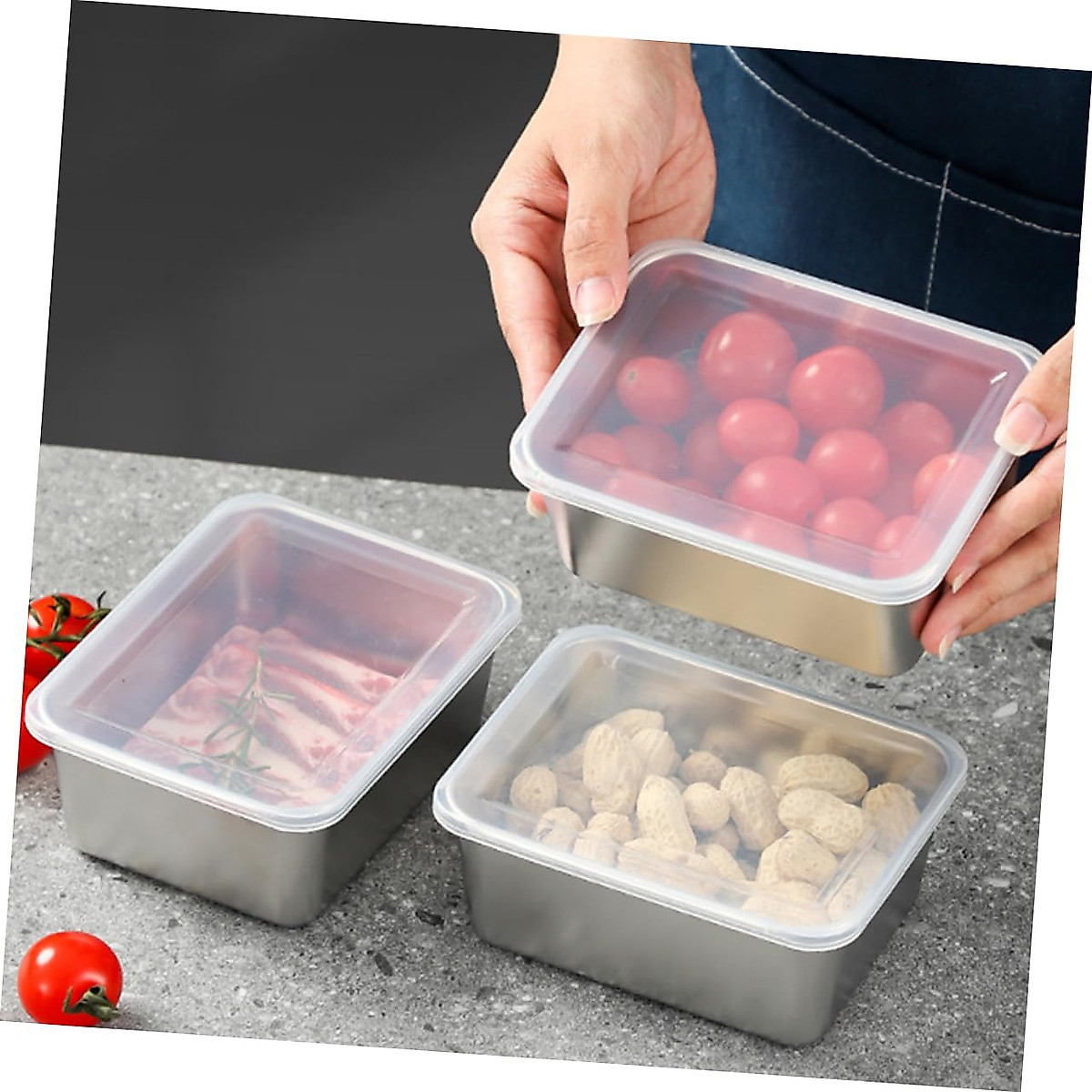 AUTSUPPL 4pcs Boxes Crisper Freezer Meal Prep Container Stainless Bread Lid Portable Refrigerator Fruit Containers for Fridge Keep Fresh Kimchi Container Sealing Food Boxes Stainless Steel