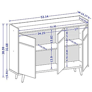 Manhattan Comfort Bradley Mid Century Modern Dining Room 4 Shelves Buffet Stand Cabinet, 53.54", Off White