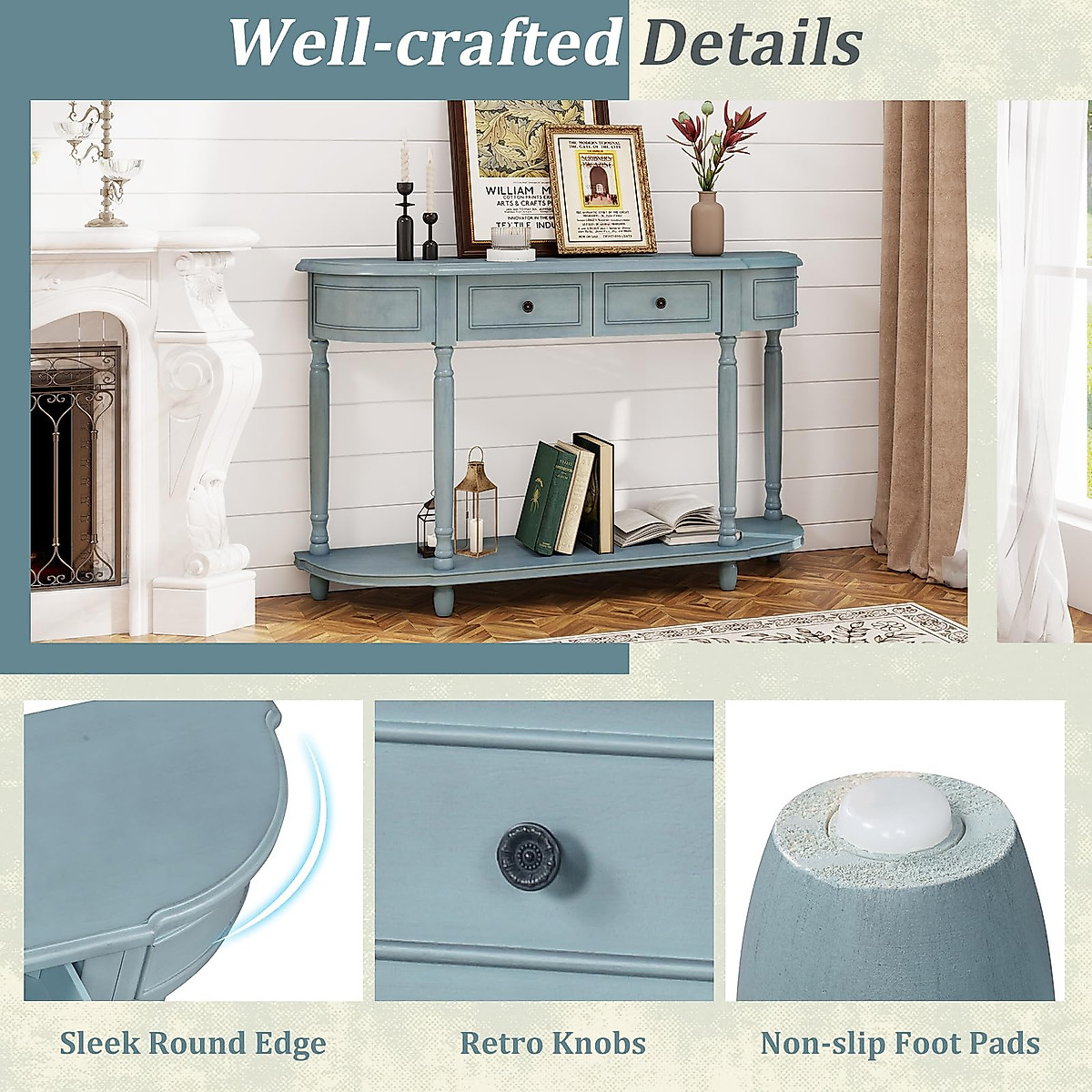 Giantex Console Table with Storage, 52” Long Sofa Table with 2 Drawers, Open Shelf, Solid Wood Legs, Narrow Entryway Table, Vintage Behind Couch Entry Table for Living Room Hallway, Foyer