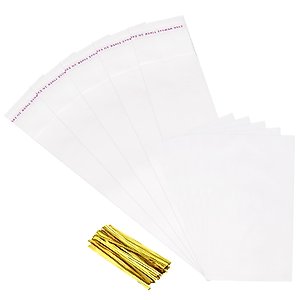 uxcell 200 Pcs Clear Cello Bags, Clear Flat Plastic Cello Treat Bags with Gold Twist Ties Gift Bags Cookies Bags for Christmas Snacks Candy Cookie Gifts