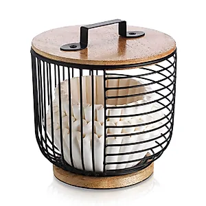 MosJos Coffee Filter Holder for Counter with Wooden Lid - Round Black Wire Coffee Pod Storage Container Basket for Kitchen Countertop Organization - Coffee Bar Accessories
