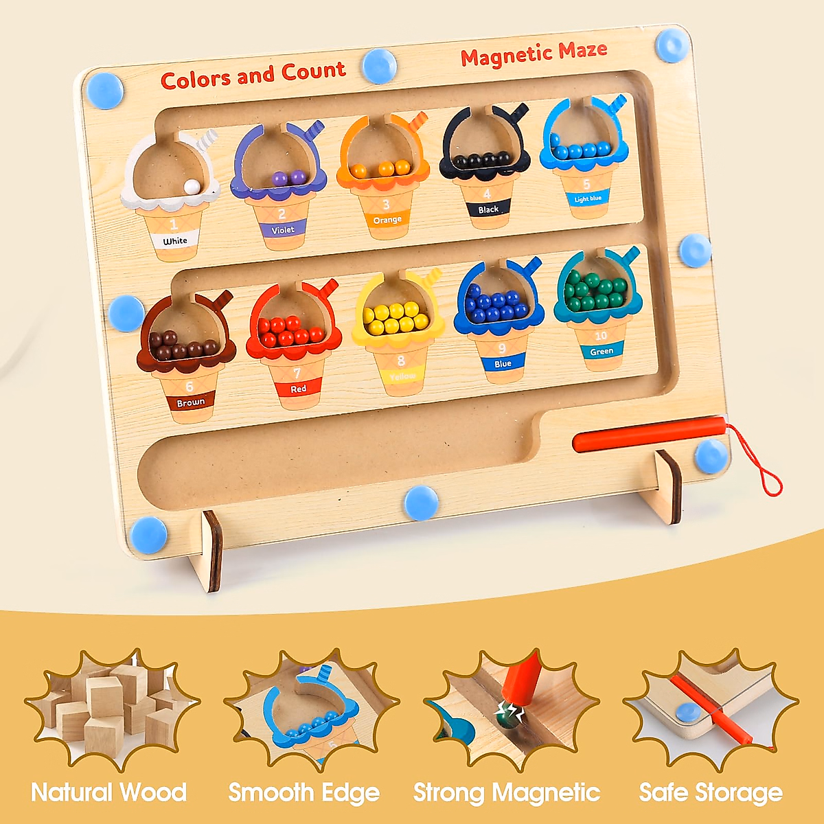 TOGORE Magnetic Color and Number Maze,Montessori Fine Motor Toys for Boys Girls 3 4 5 Years Old,Wooden Counting Matching Magnet Puzzles Board Games for Toddler