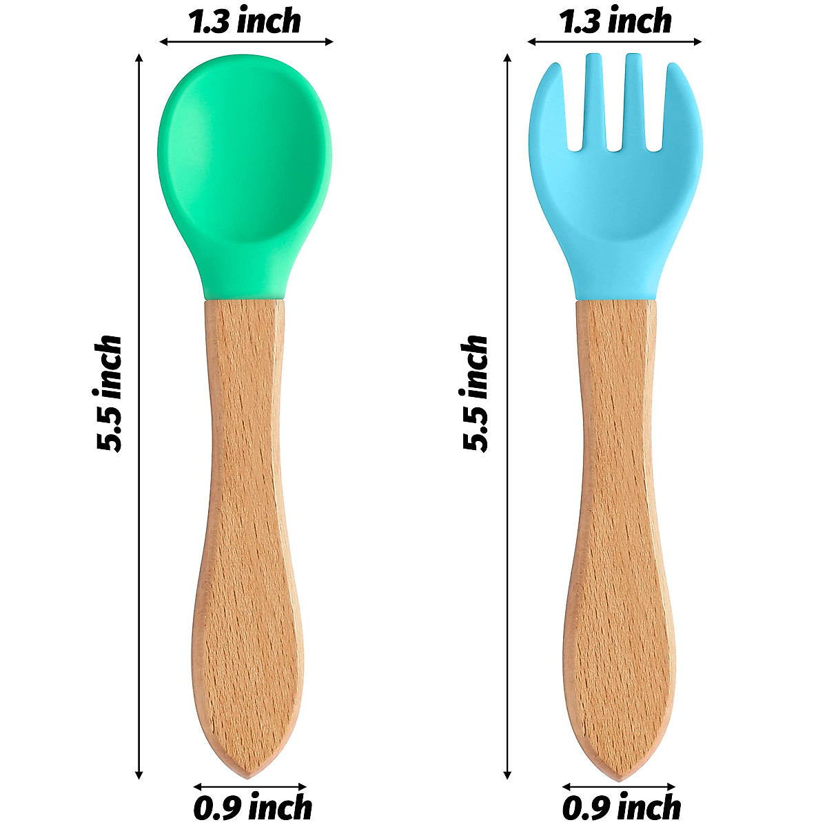 R HORSE 6Pcs Silicone Baby Forks and Spoon Set with Beech Handle Blue Green Silicone Baby Feeding Set BPA-Free Baby Training Utensils Set for Toddlers Boy Girl Self Feeding
