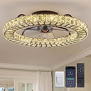 7PM Flush Mount Ceiling Fan with Light, 22" Modern Crystal Chandelier Ceiling Fan with 30W Stepless Dimmable LED Smart 4-Light Color Change and 6 Speeds, Low Profile Ceiling Fan for Bedroom, White