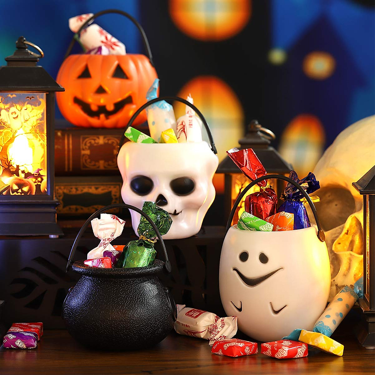 12pcs Halloween Trick Or Treat Pots Mini Witch Cauldron Pots Pumpkin Candy Bucket Novelty Candy Holder Pot with Handle Party Favors Supplies Decoration