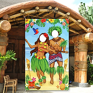 Frienda Luau Couple Photo Door Banner Hawaiian Party Decorations Tiki Luau Photo Props Aloha Tiki Banner for Party Decorations Hawaiian Door Banner Luau Party Supplies for Tropical Beach Party, 6 x 3.6 ft