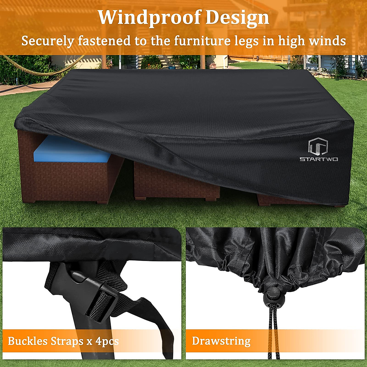 STARTWO Patio Furniture Covers Waterproof, Anti-UV Tear-Resistant Heavy Duty 7-12 Seats Outdoor Furniture Cover for Sectional Sofa, Patio Table Cover, 128" Lx83 Wx28 H, Black