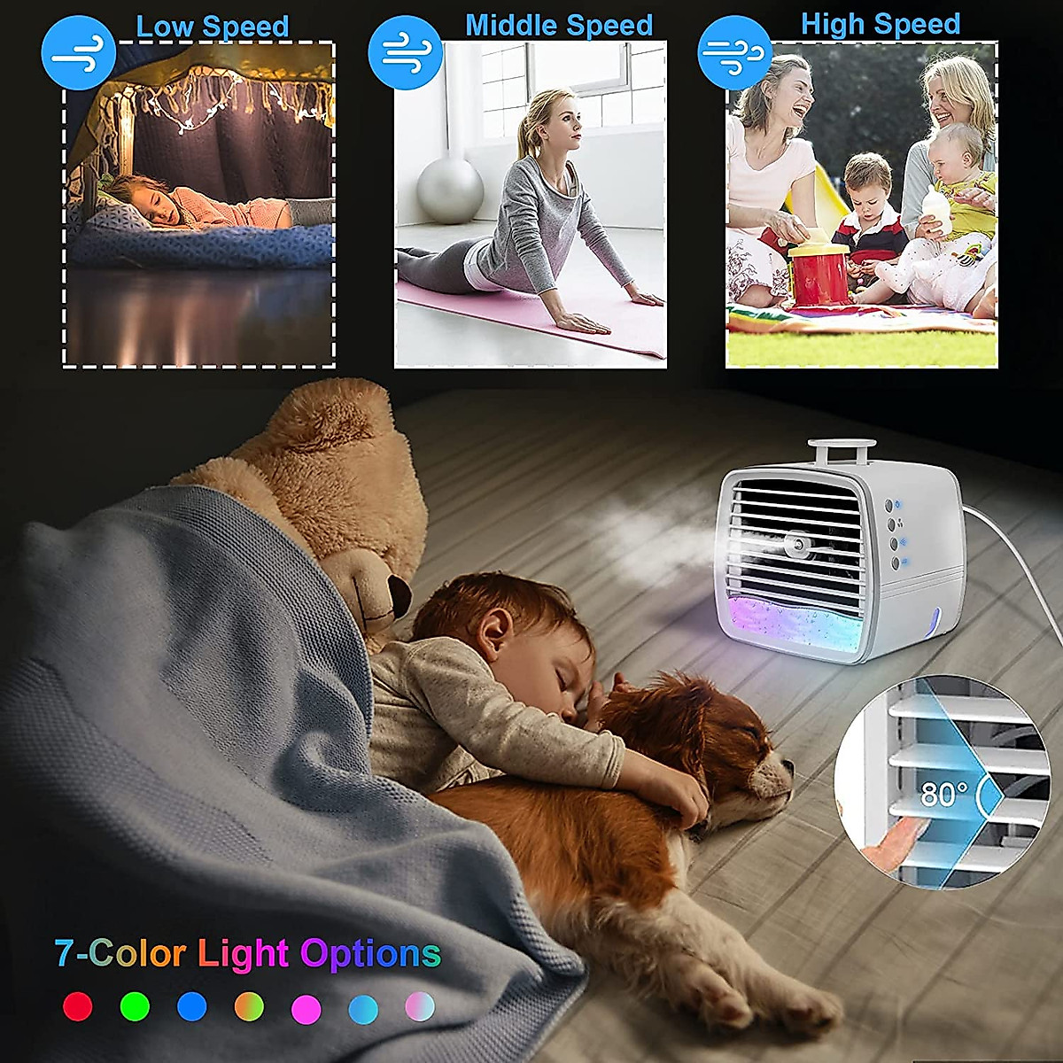 Portable Air Conditioner, Personal Mini Air Cooler Fan, Personal Portable AC Air Conditioner for Office Desk Camping Bedroom Room, Small Air Conditioner with 7 LED Lights, 3 Speeds, 80°Adjustment