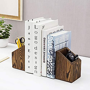MyGift Rustic Brown Solid Wood Decorative Bookends, Office Desk Book Stand with Stationery Holder and Pencil Cup, 1-Pair