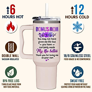 TAMUNBEE Best Bonus Mom Gifts From Daughter, Son - Birthday Gift For Bonus Mom - Stepmom Mothers Day, Christmas, Step mom Gifts Idea For Mother In Law, Stepmom Tumbler 40oz with Handle & Straw