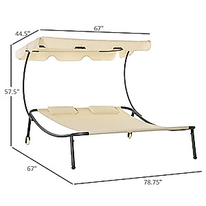 Outsunny Patio Double Chaise Lounge Chair, Outdoor Wheeled Hammock Daybed with Adjustable Canopy and Pillow for Sun Room, Garden, or Poolside, Beige