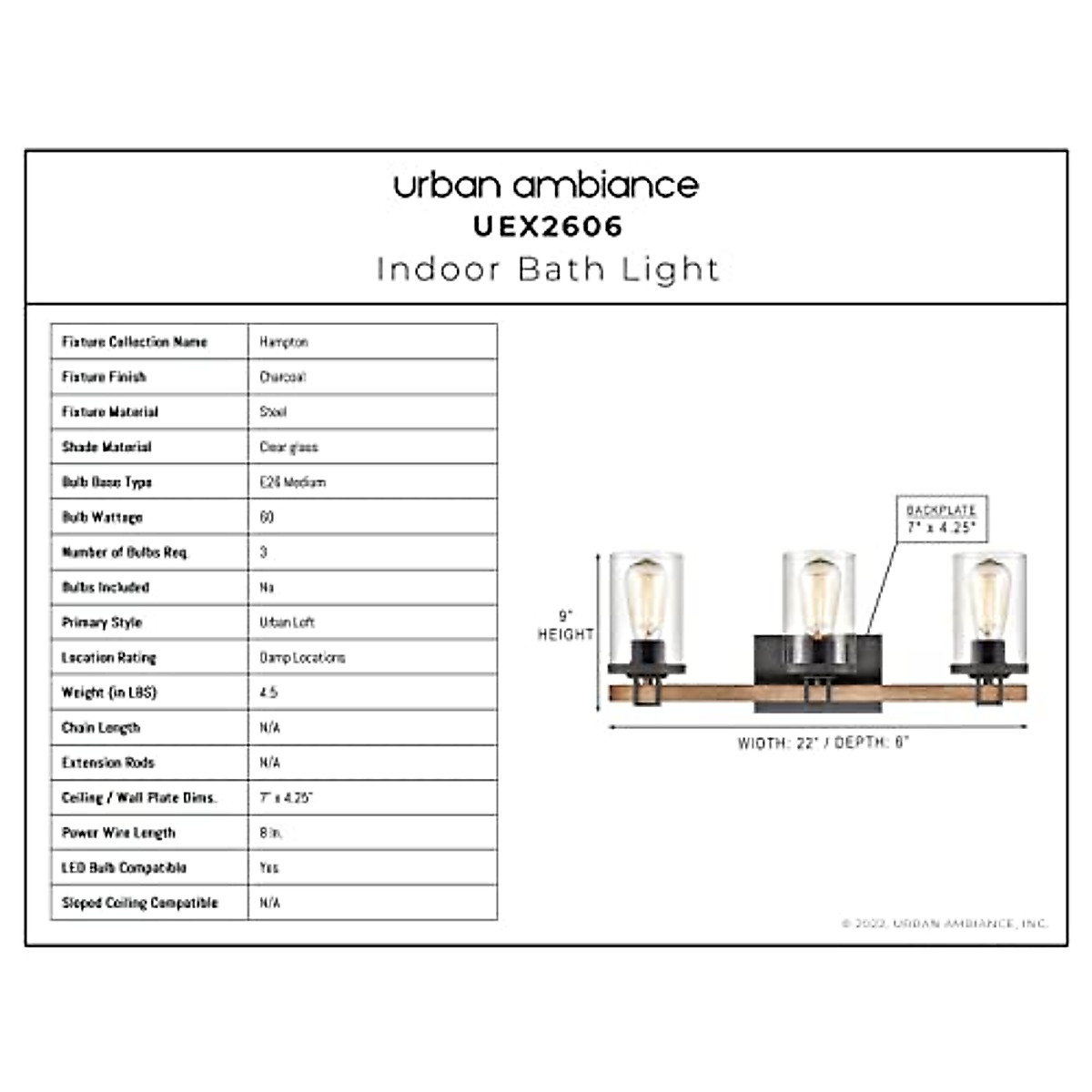 Luxury Urban Loft Bath Light, Medium Size: 9''H x 22''W, with Modern Farmhouse Style Elements, Charcoal Finish, UEX2606 from The Hampton Collection by Urban Ambiance