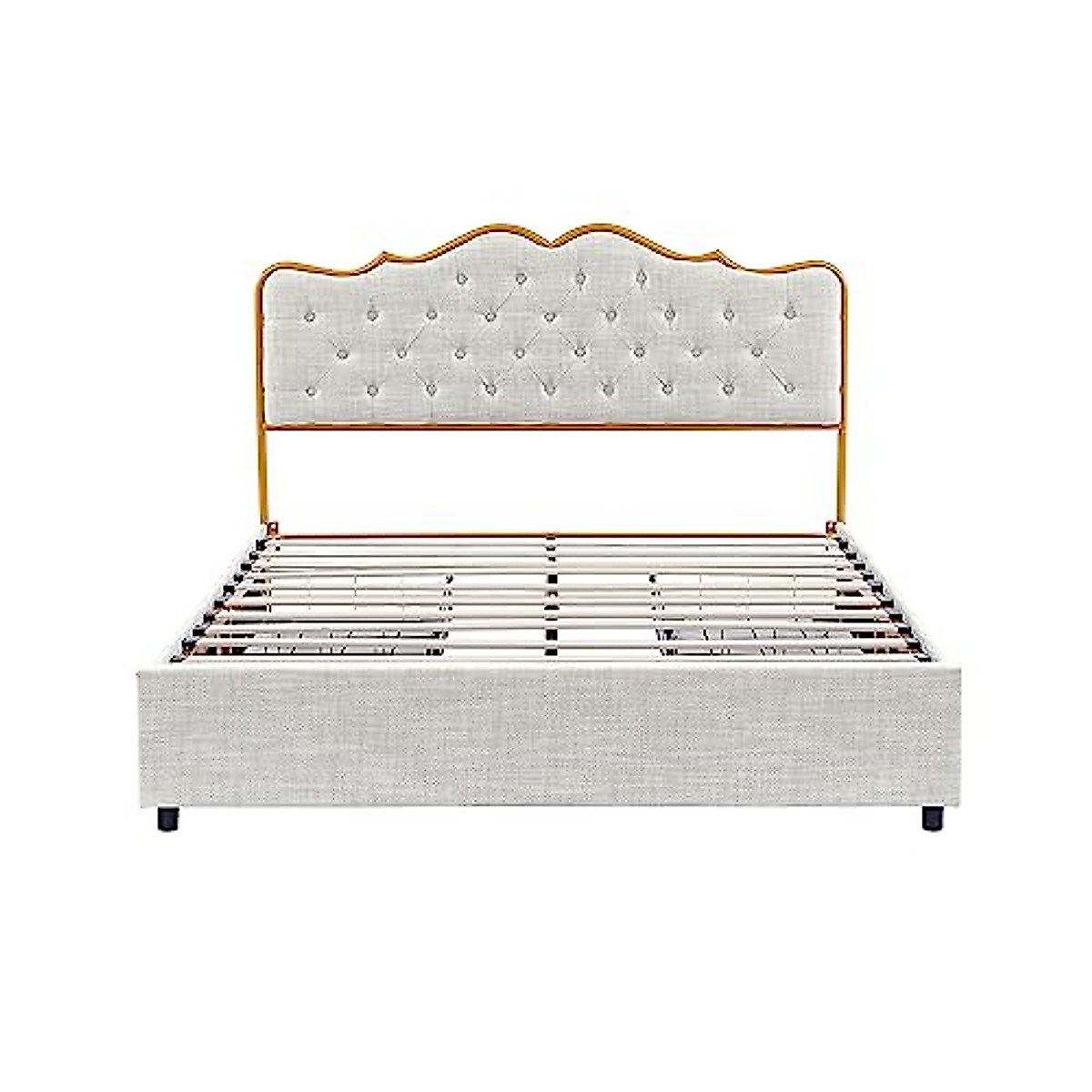 Maxzzz Queen Size Bed Frame with Four Storage Drawers & Upholstered Headboard - Elegant Golden Paint Finish, Sturdy Metal & Solid Wood Construction, No Box Spring Needed, Light Gray