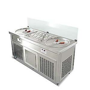 Commercial 22'' Double Round Pans + 10 pcs Refrigerated Tanks Fried Ice Cream Rolled Machine, Gelato Fry Frozen Yogurt Ice Cream Maker for Street Snack Food, Kitchen, Cafe Shop, Bar (ETL Certificate)