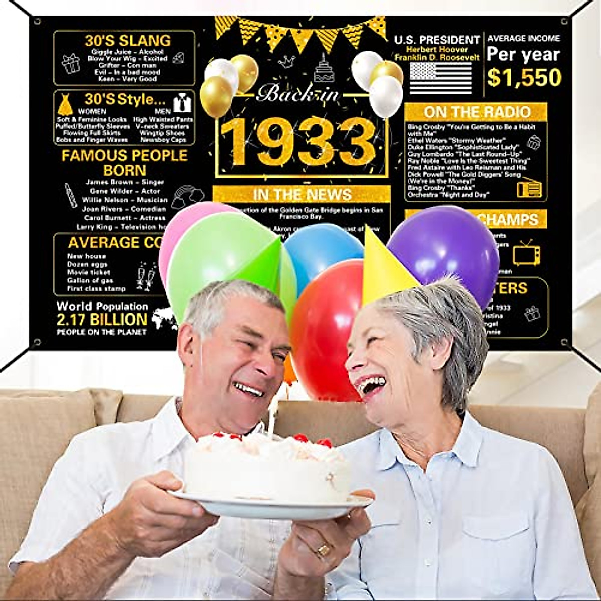 Crenics Black Gold 90th Birthday Decorations, Vintage Back in 1933 Birthday Backdrop Banner, Large 90 Years Old Birthday Anniversary Poster Photo Background Party Supplies for Women Men, 5.9 x 3.6 Ft
