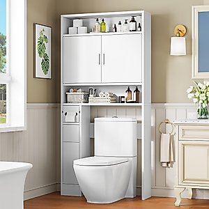 YITAHOME Over The Toilet Storage, Bathroom Storage Over The Toilet, Bathroom Cabinet with Adjustable Shelves, Double Doors, Trash Can Placement Ring, Tissue Box Holder for Bathroom (White)